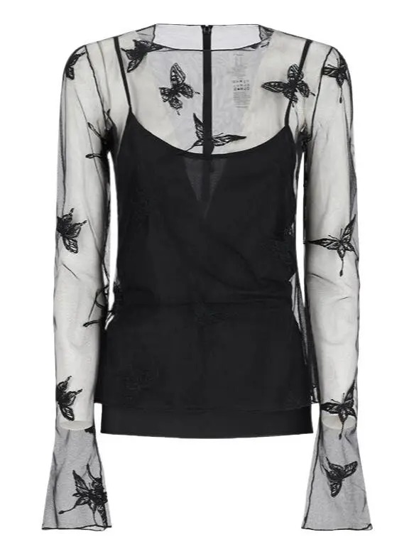 Blumarine Sheer Butterfly Embroidered Top - Black