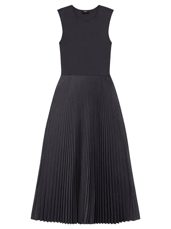 Theory Sleeveless Round Neck Pleated Midi Dress - Charcoal Mixture