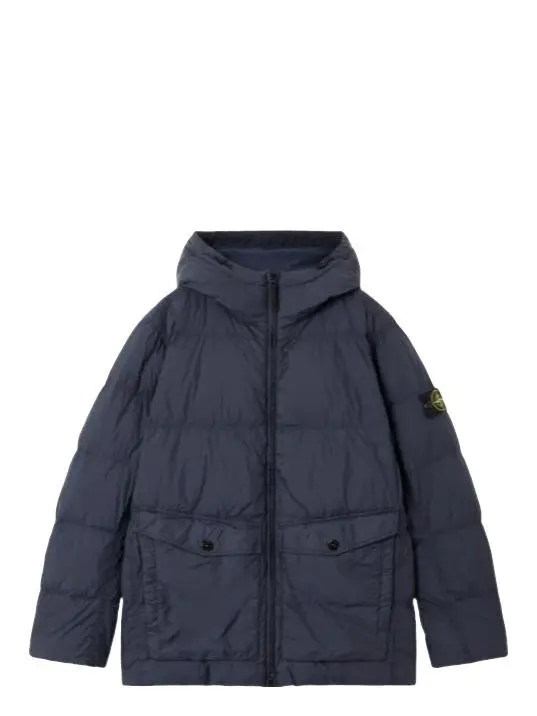 Stone Island Hooded Down Jacket With Compass Logo Embroidery - Navy  Blue