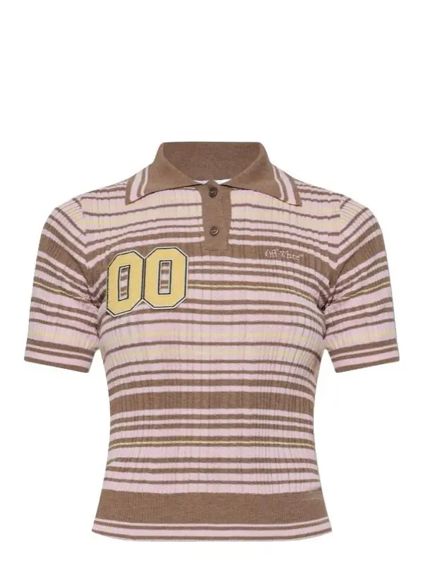 Off-White Striped Embroidered Knit Polo Top - Brown