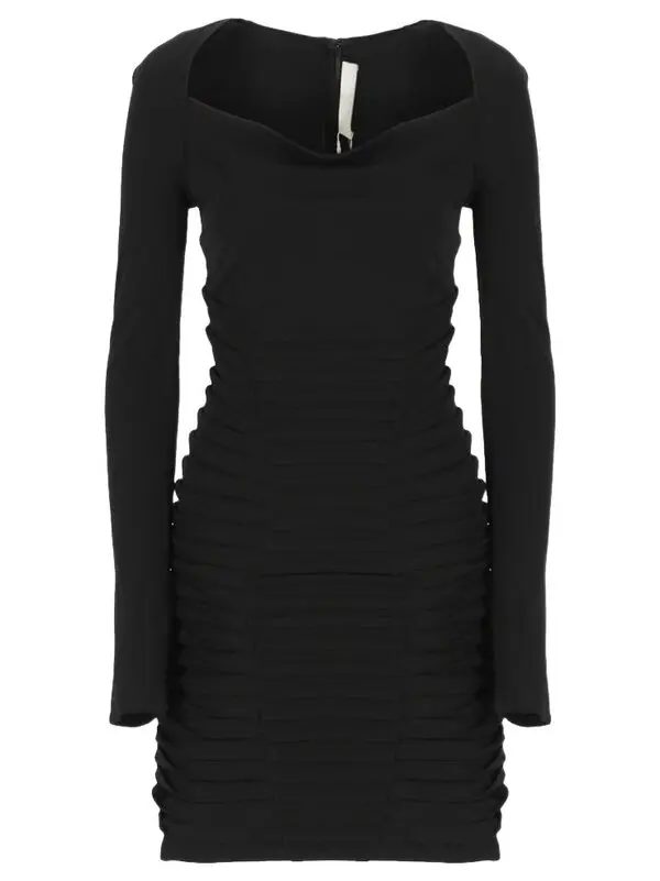 DION LEE Pleated Round Neck Mini Dress - Black