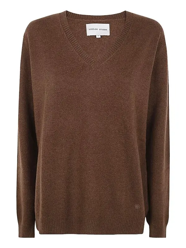 LOULOU STUDIO Long Sleeve V-neck Sweater - Brown