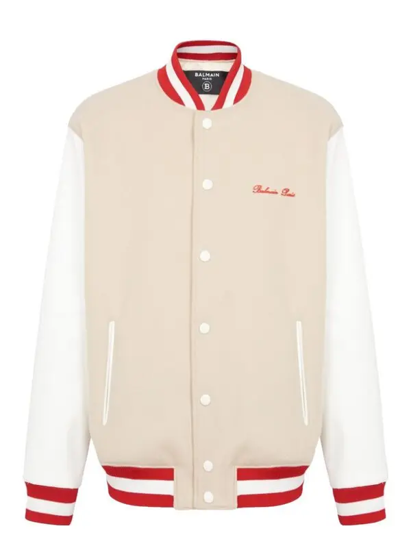 Balmain Logo Embroidered Varsity Jacket - Nude