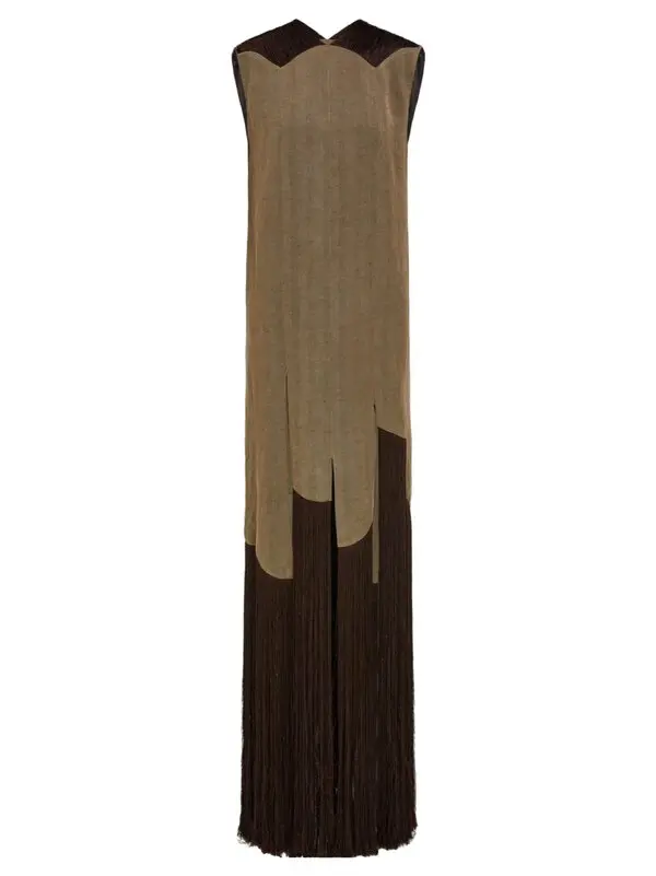 FERRAGAMO Sleeveless Maxi Dress With Fringe Detail - Espresso/safari