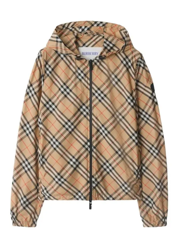 Burberry Checked Hooded Zip-up Jacket With Equestrian Knight Design - Sand-colored