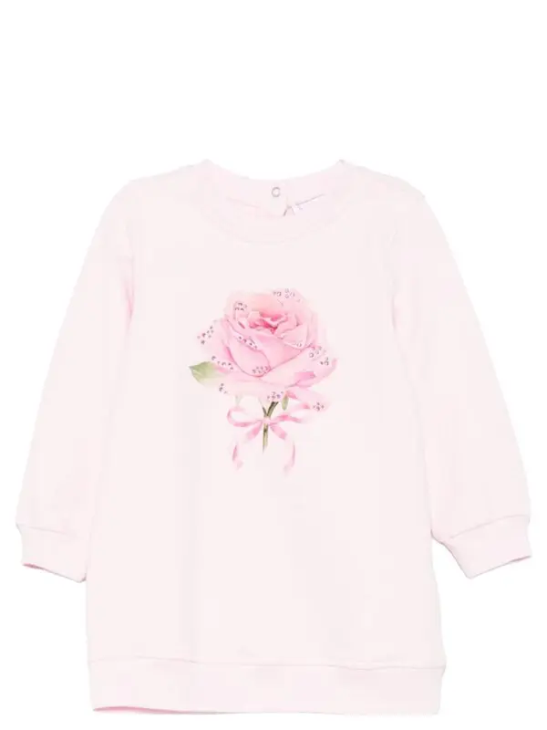 Monnalisa Rose Print Dress With Rhinestone Embellishments - Pink