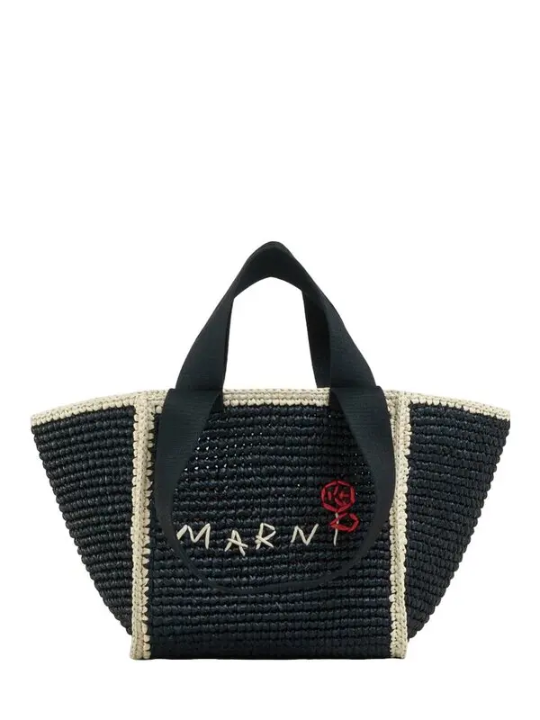Marni Woven Tote Bag With Embroidered Flower Detail - Black