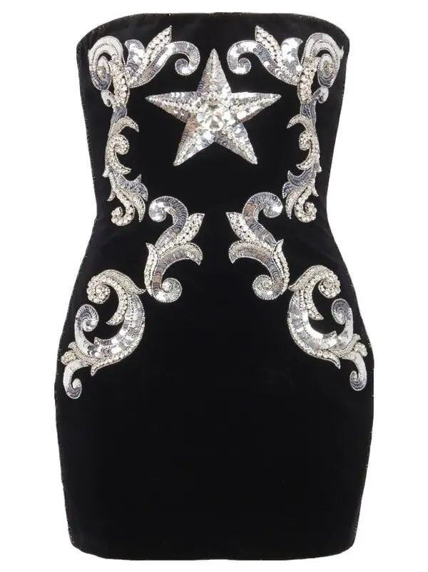 Balmain Paisley Embroidered Strapless Mini Dress - Black