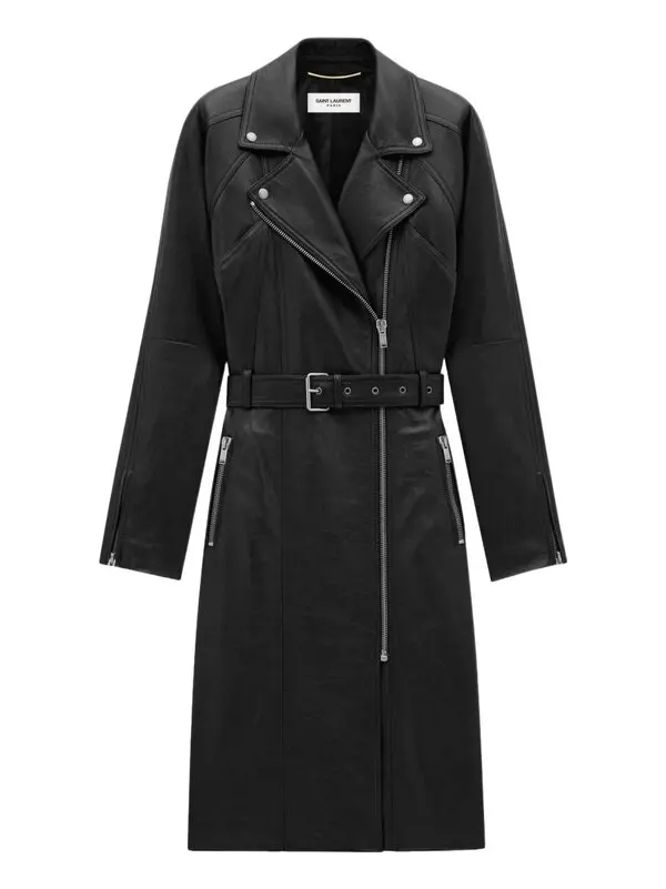 Saint Laurent Belted Zip Detailed Biker Coat - Black