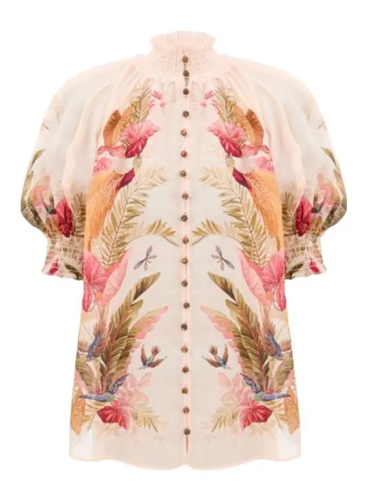 Zimmermann Ascension Billow Blouse Printed Short Sleeve Shirt - Cream Palm Fragrance