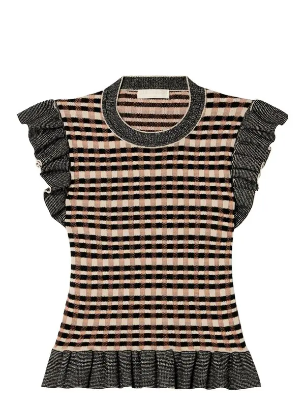 Ulla Johnson Ruffled Plaid Jacquard Knit Top - Black