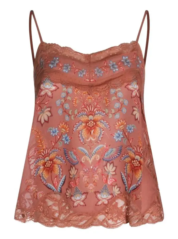 Farm Rio Lace Trim Printed Camisole Top - Brown