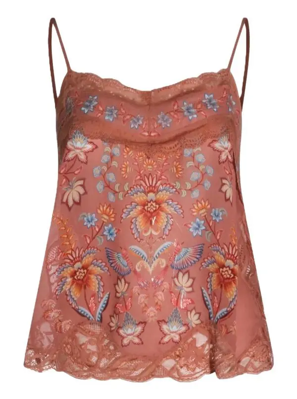 Farm Rio Lace Trim Printed Camisole Top - Brown
