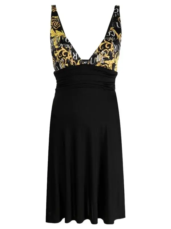 Versace Logo Print V-neck Mini Dress - Black