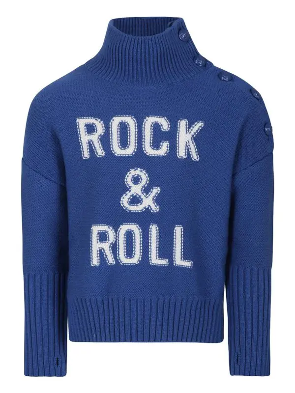 Zadig&Voltaire Long-sleeved Turtleneck Sweater With "rock & Roll" Embroidery - Blue
