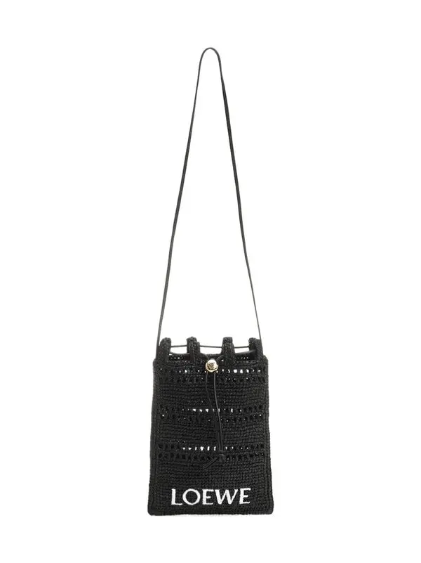 Loewe Embroidered Raffia Drawstring Pouch - Black