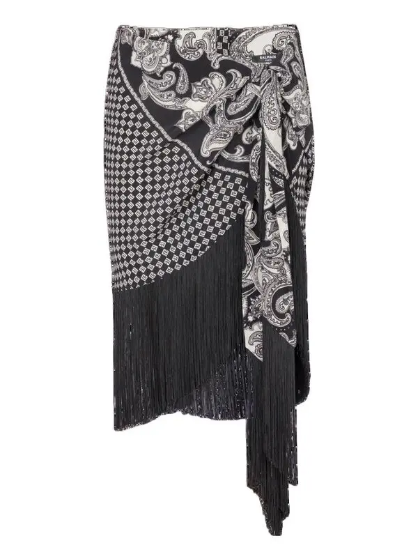 Balmain Fringed Silk Scarf Skirt - Black