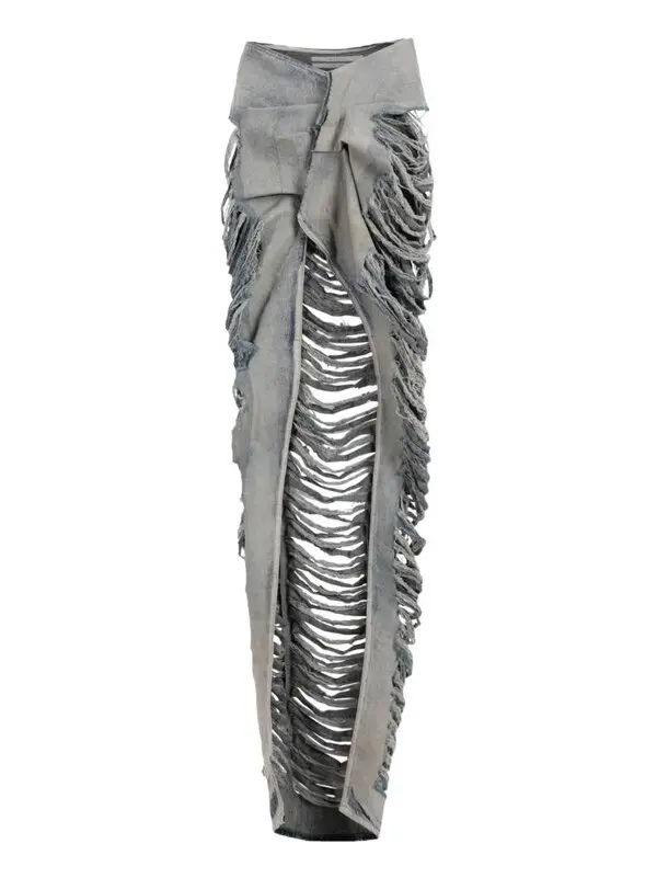 Rick Owens Distressed Midi Denim Skirt - Gray