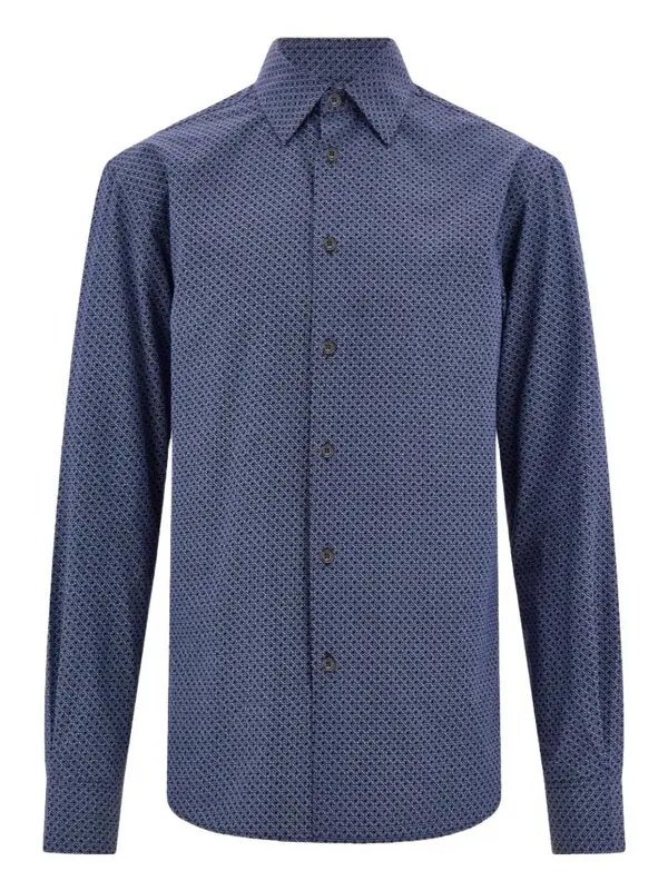 FERRAGAMO Monogram-pattern Button-up Shirt - Navy Blue/washed Denim