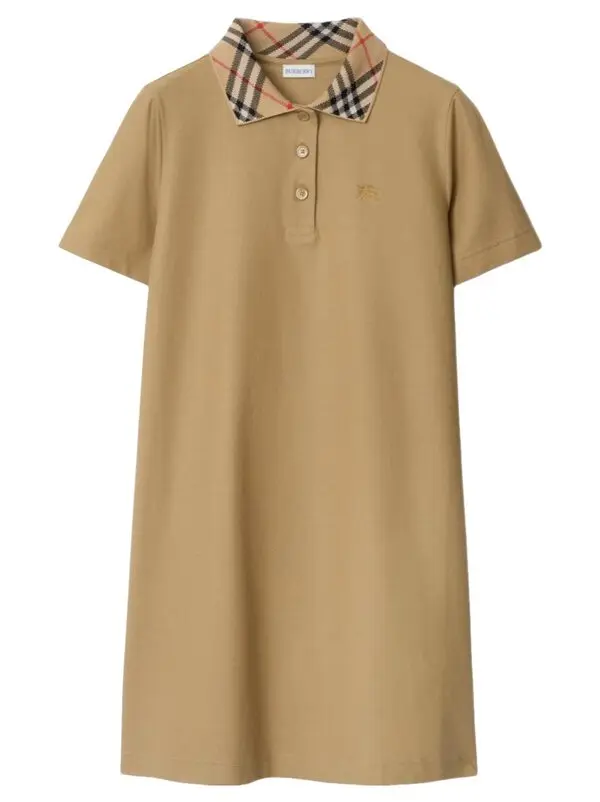 Burberry Logo Embroidered Checked Polo Dress - Flax