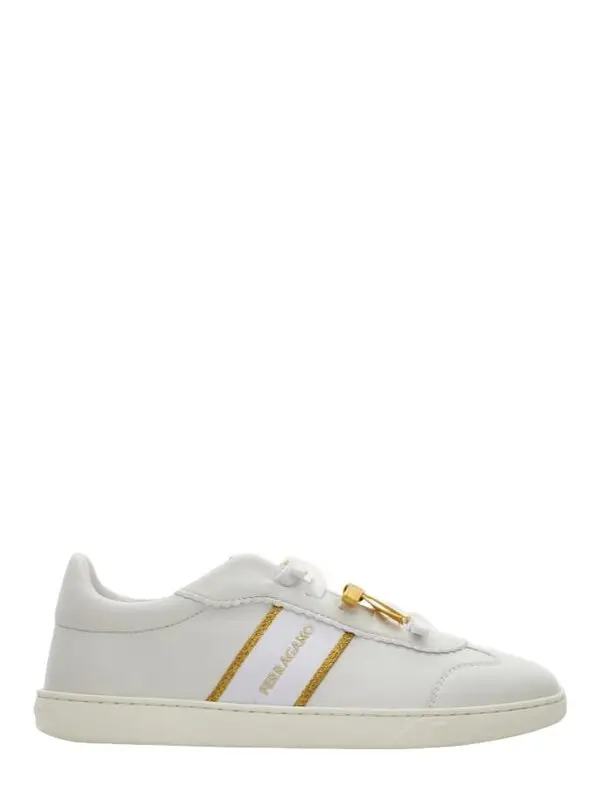 FERRAGAMO Leather Sneakers With Bow Detailing - Optic White/gold