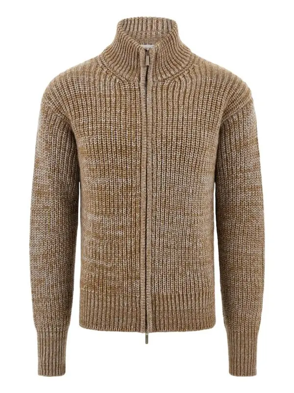 FERRAGAMO High Neck Zip-up Cardigan - Camel Hybrid