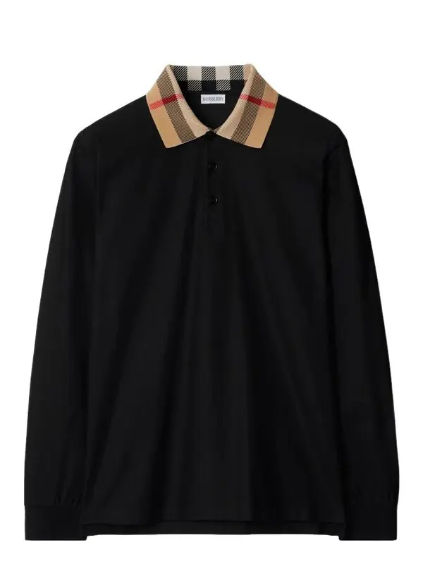 Burberry Check Detailed Long Sleeved Polo Shirt - Black