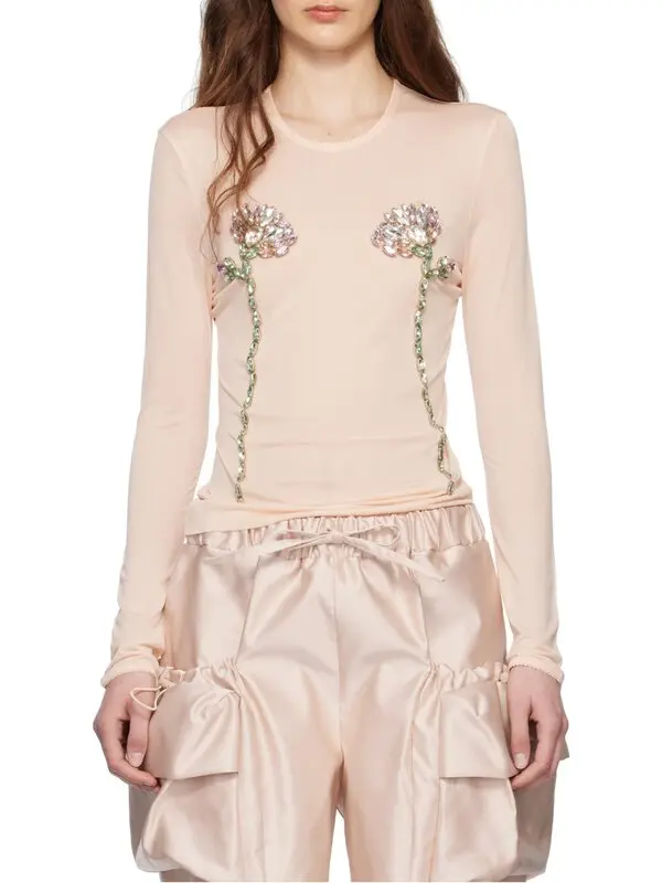 Simone Rocha Beige Embellished Mesh Top - Nude