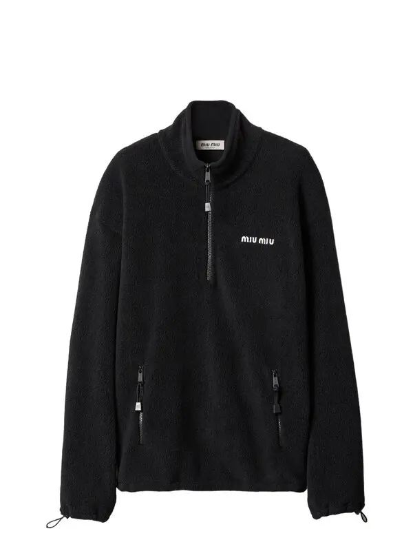 Miu Miu Oversized Fleece Sweatshirt With High Neck And Zipper Closure - Black