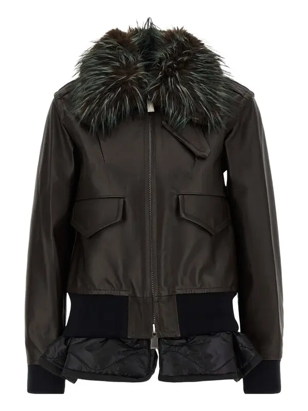 Sacai 2-in-1 Zipped Leather Jacket With Quilted Vest - Black
