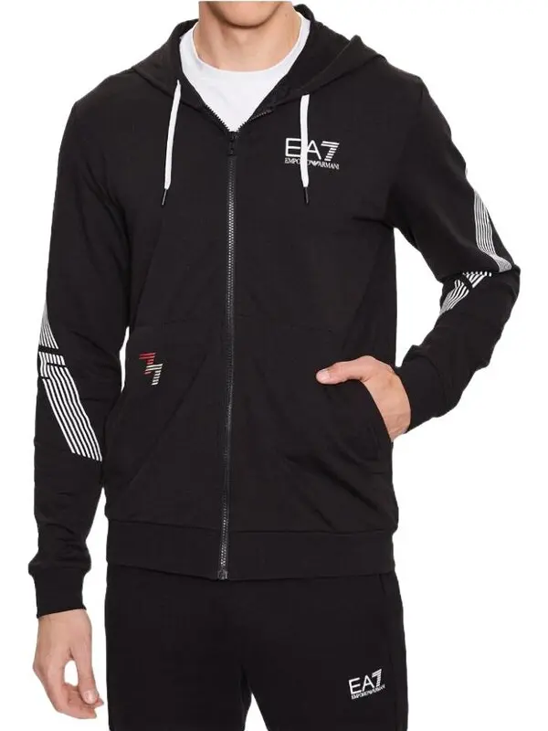 EA7 Hooded Zipper Hoodie With Striped Detail - Black