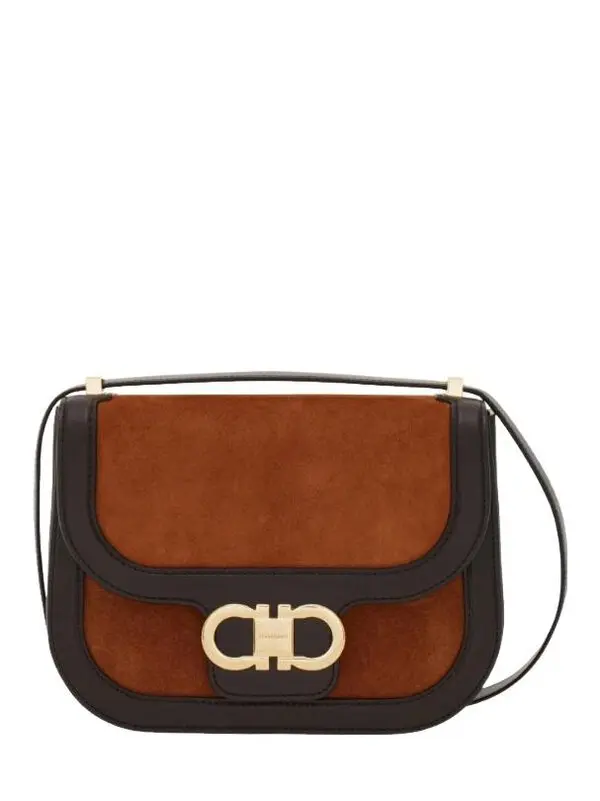 FERRAGAMO Double Gancini Crossbody Bag - Naturale Brown/testa Di Moro