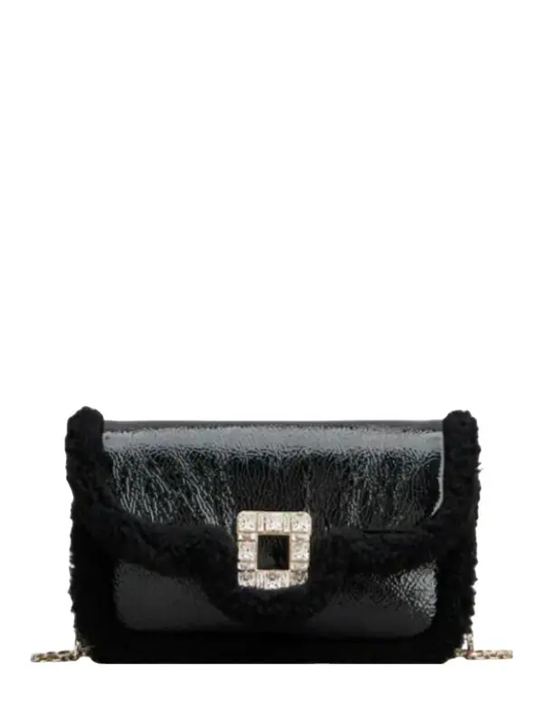 ROGER VIVIER Shearling & Strass Buckle Clutch Bag In Patent Leather - Black