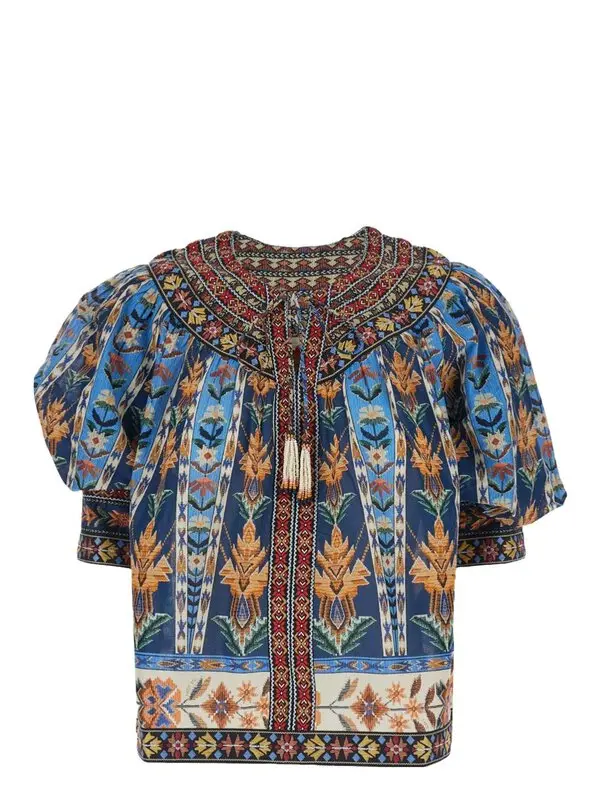 Farm Rio Short Sleeve Printed Top With Tassel Detail - Multicolor