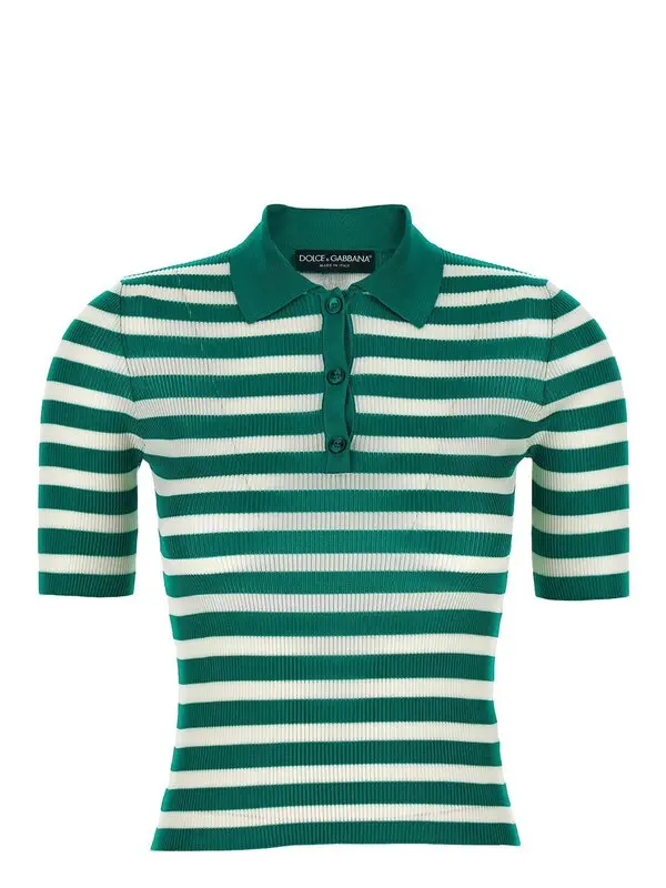 Dolce & Gabbana Striped Ribbed Knit Polo Shirt - Green