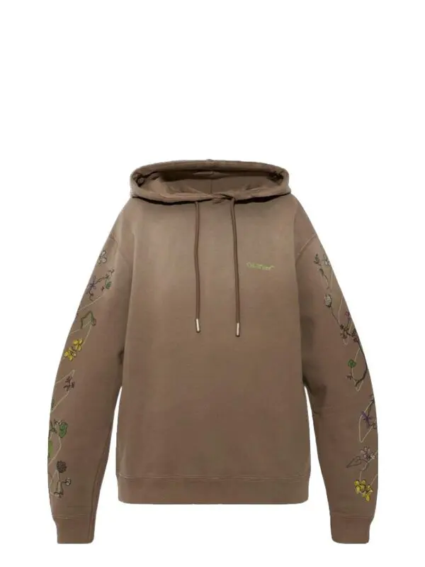 Off-White Floral Embroidered Drawstring Hoodie - Brown