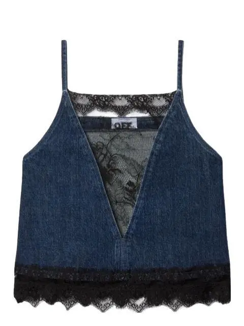 Off-White Lace Trimmed Sleeveless Top - Blue