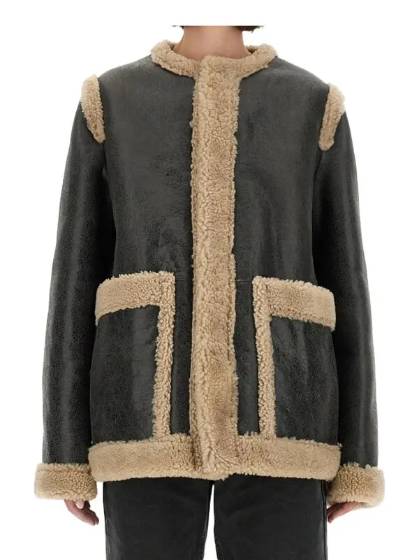 MAISON MARGIELA Leather Shearling Paneled Crewneck Jacket - Black