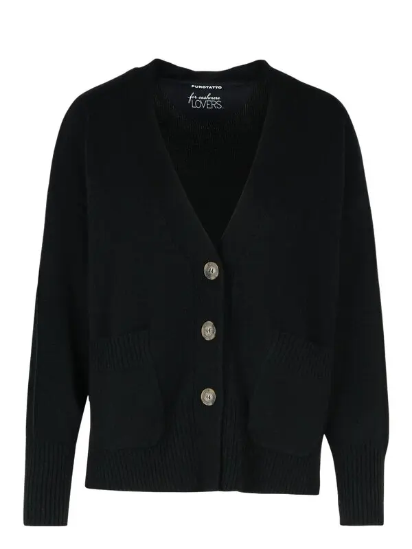 PUROTATTO Long-sleeved Knitted Cardigan With V-neck And Pockets - Black