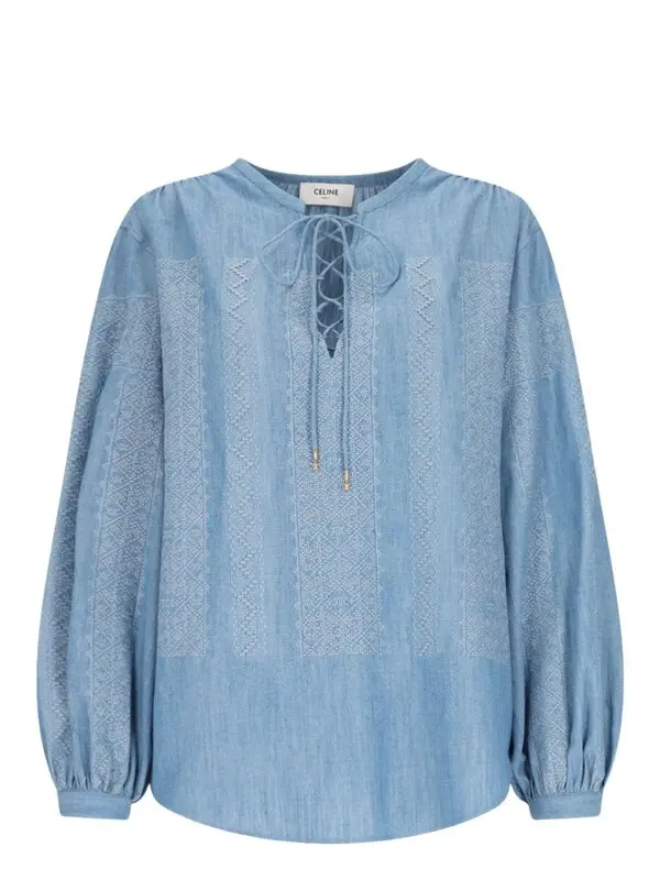 Celine Embroidered Romy Blouse In Chambray Cotton - Blue