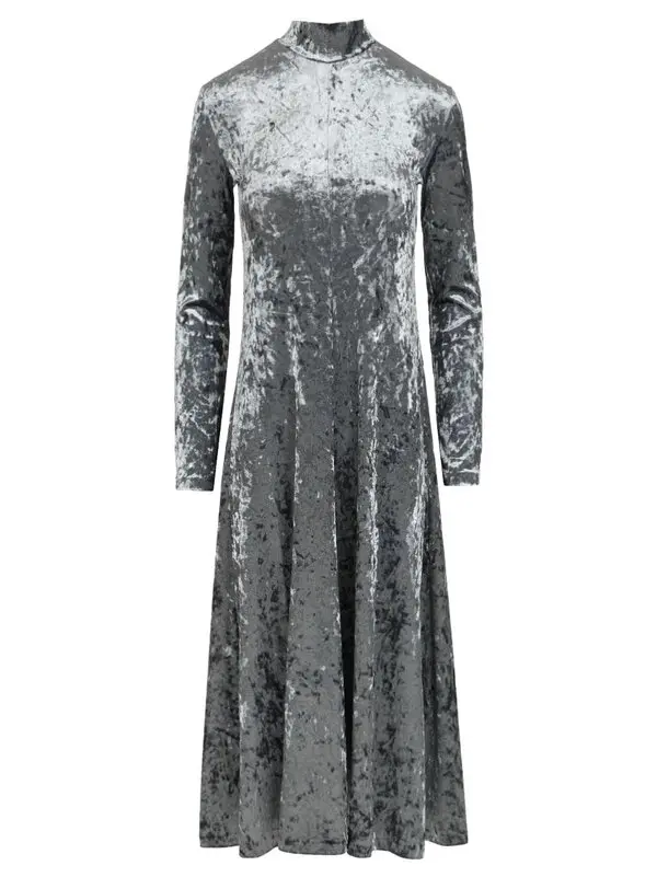 FORTE_FORTE High Neck Stretch Velvet Midi Dress With Pleated Hem - Grey