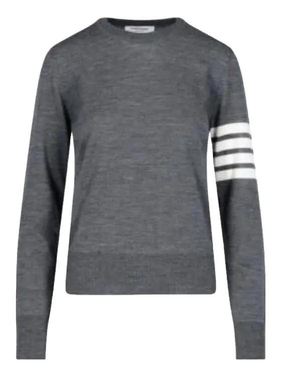 Thom Browne 4-bar Ribbed Crewneck Jumper With Striped Trim - Medium Gray
