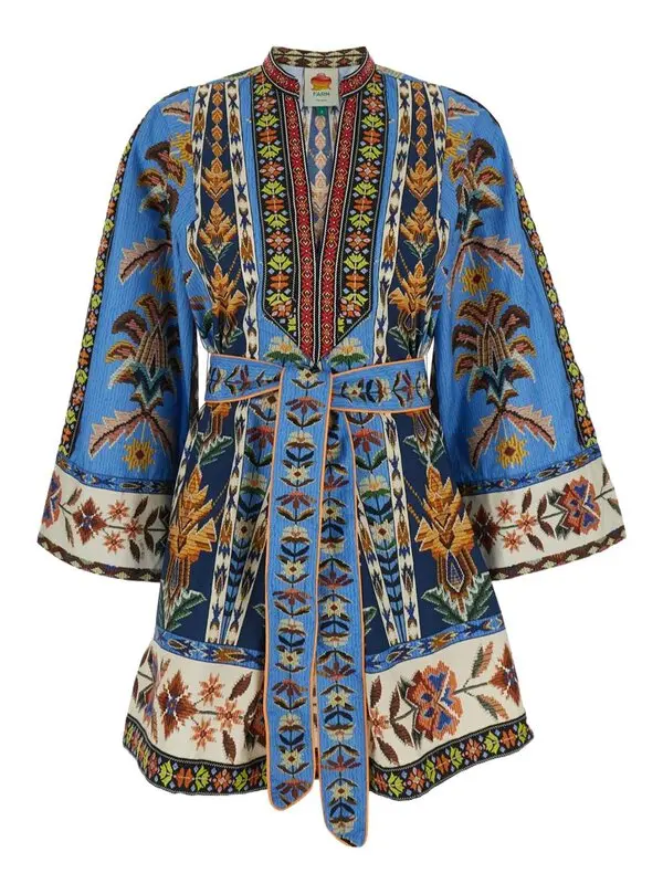 Farm Rio Belted Printed Kimono Top - Blue