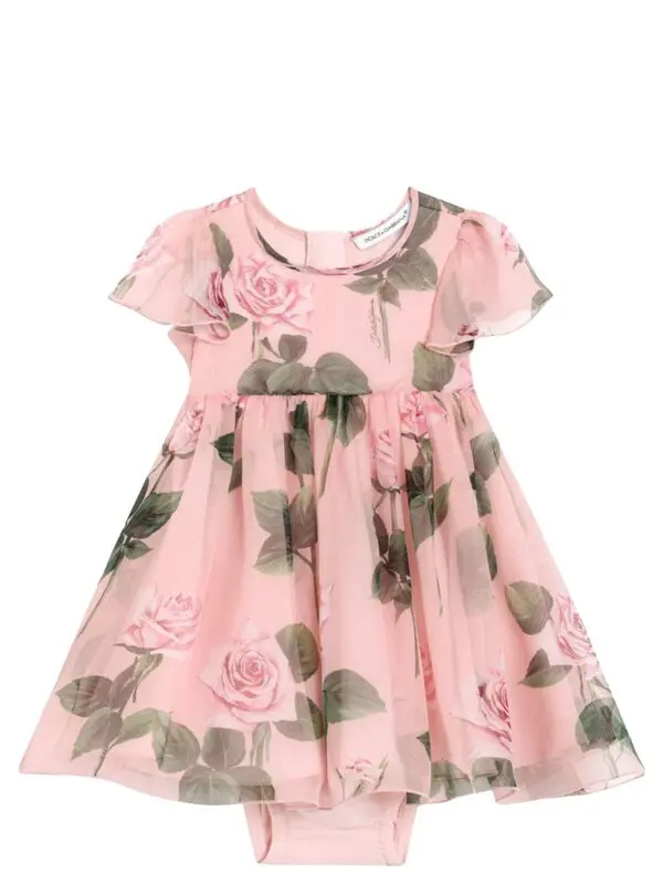 Dolce & Gabbana Rose Print Tulle Dress With Ruffles - Pink