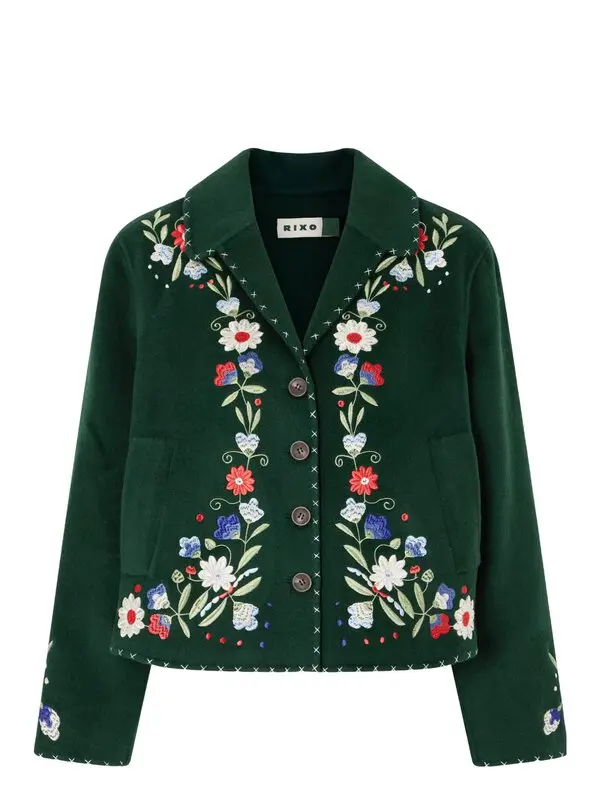 Rixo Jude Embroidered Wool Blend Felt Jacket - Green