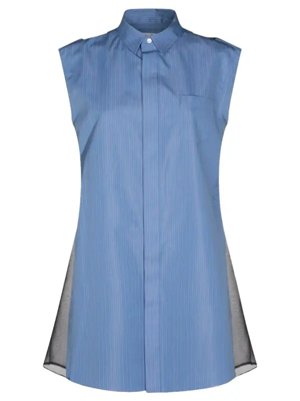 Sacai Striped Pleated Sleeveless Shirt Dress - Blue