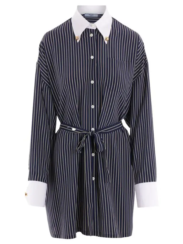 Prada Striped Belted Midi Shirt Dress - Black