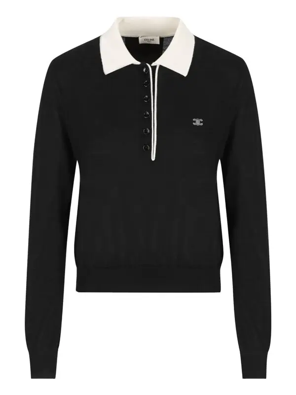 Celine Long Sleeve Polo Sweater In Fine Cashmere Silk - Black