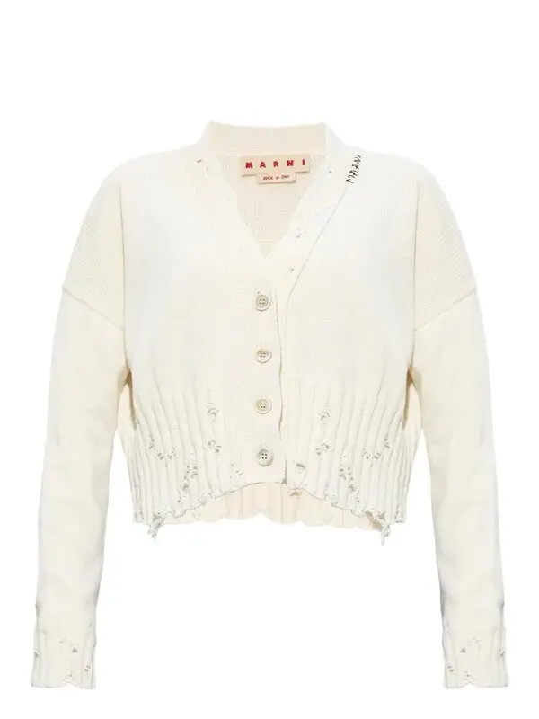 Marni Cropped Distressed Knitted Cardigan - White