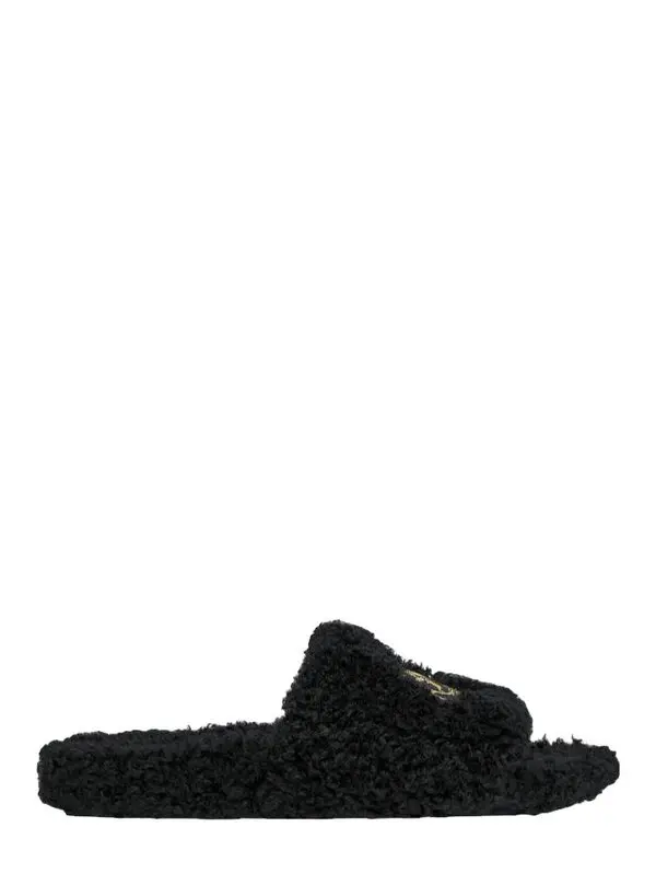 Balenciaga Furry Embroidered Slip-on Slippers - Black